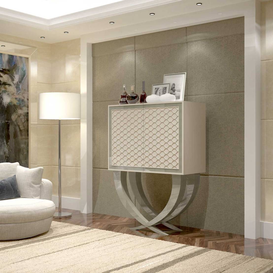A parede ficou ainda mais bonita com este móvel com um design diferente ...