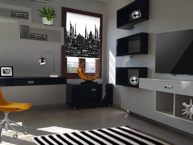 The study & tv unit in the master bedroom with burnt orange accessories ...