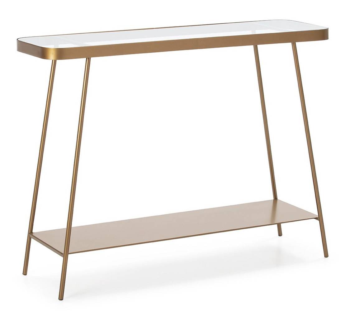 Consola com estrutura de metal dourado e tampo de vidro Console with ...
