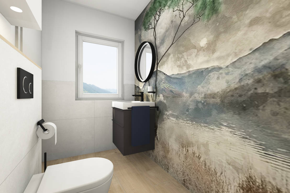 Gäste WC mit einer Holzoptikfliese und einer coolen Tapete! | homify