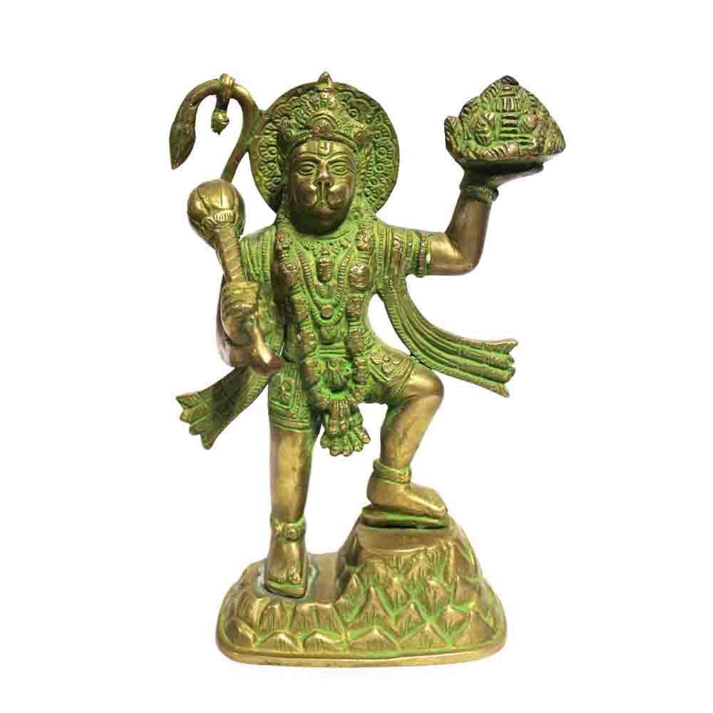 Green brass lord hanuman statue carrying mountain of herbs (sanjeevani ...