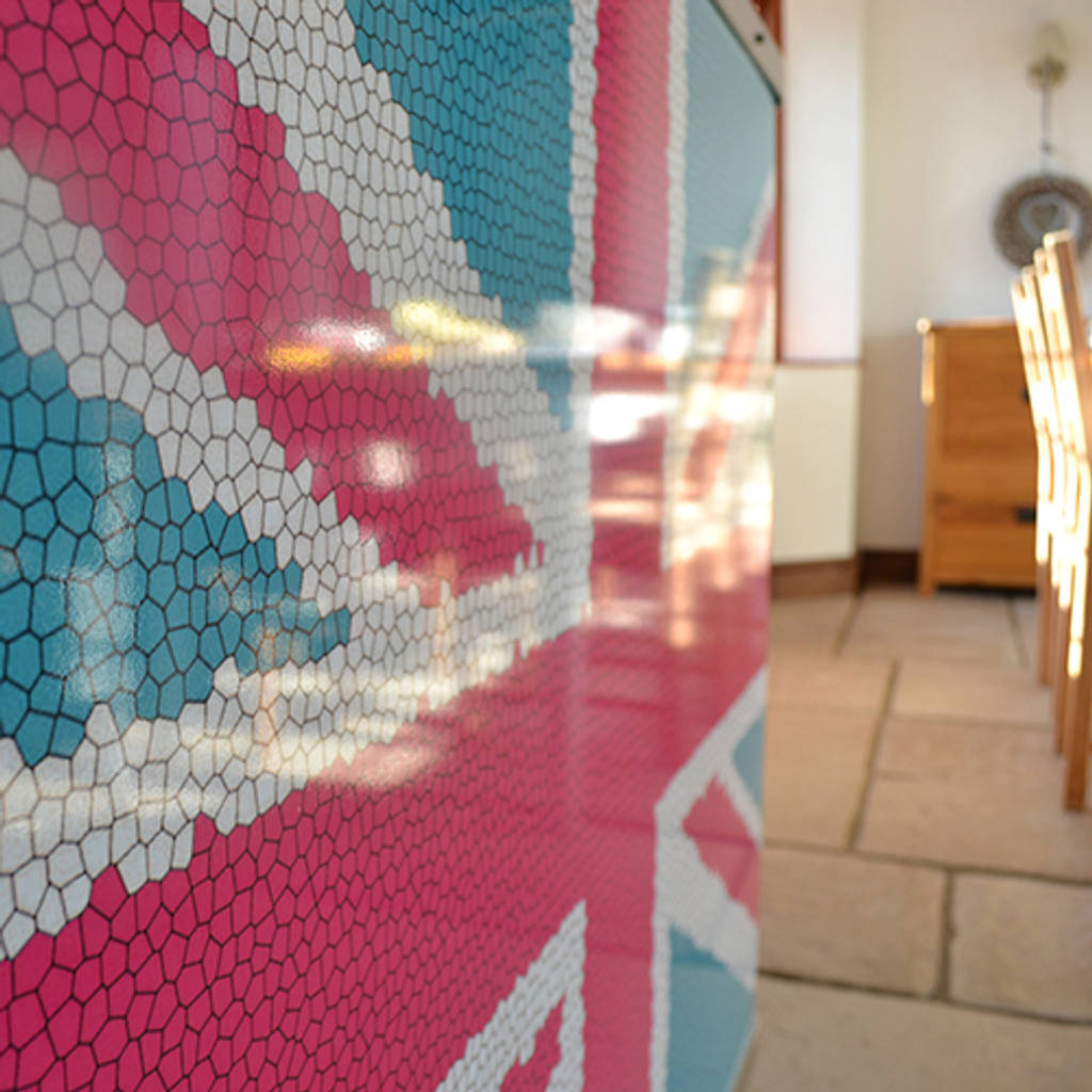 Yoyo mosaic union jack radiator cover in pink and cyan blue | homify