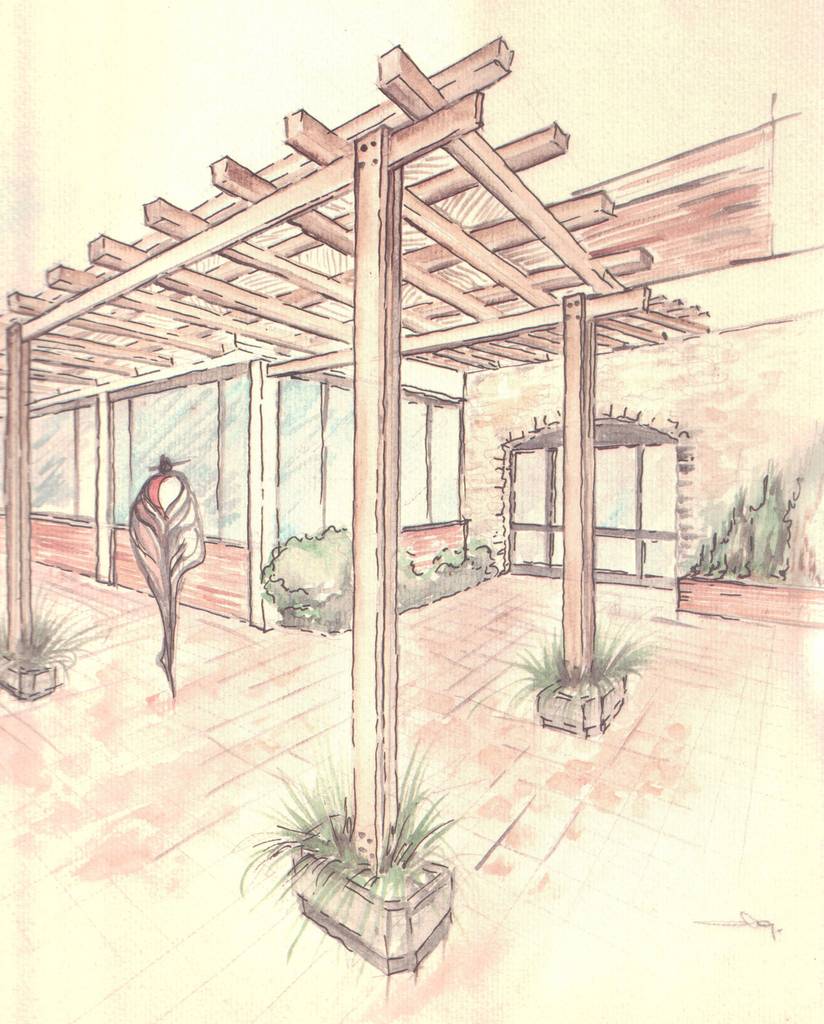 Disegno di progetto di un pergolato e fioriere per uno spazio di ...