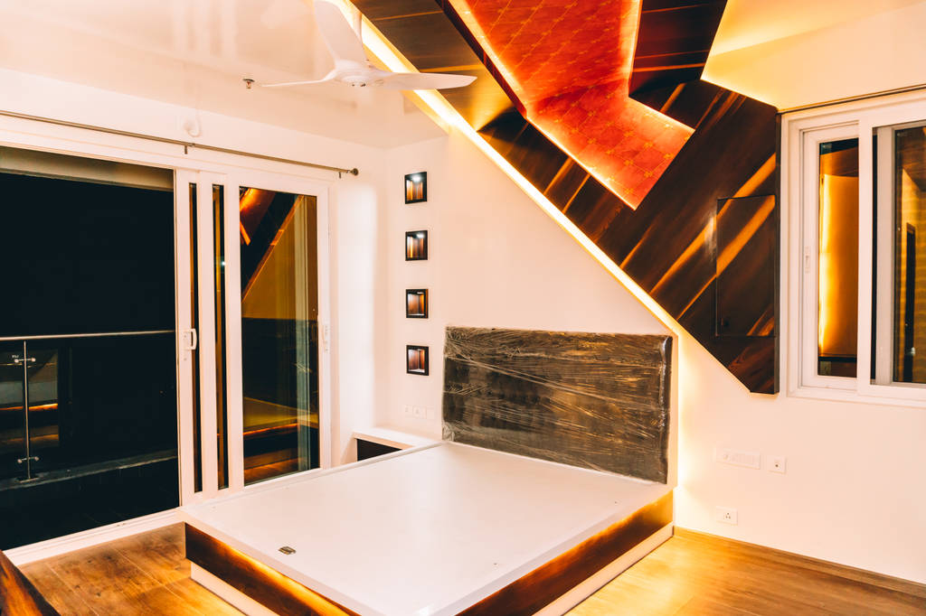 Master bedroom with inbuilt storage beds and false ceiling—origami ...
