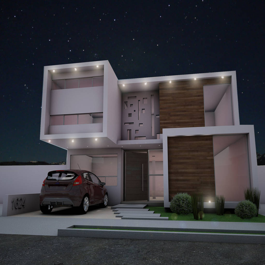 Render de noche fachada principal | homify