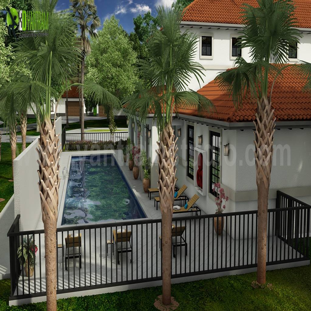 Exterior pool view design ideas landscaping architectural rendering studio | homify