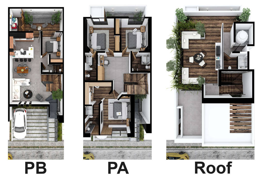 Plantas de la residencia, planta baja, planta alta y roof garden | homify
