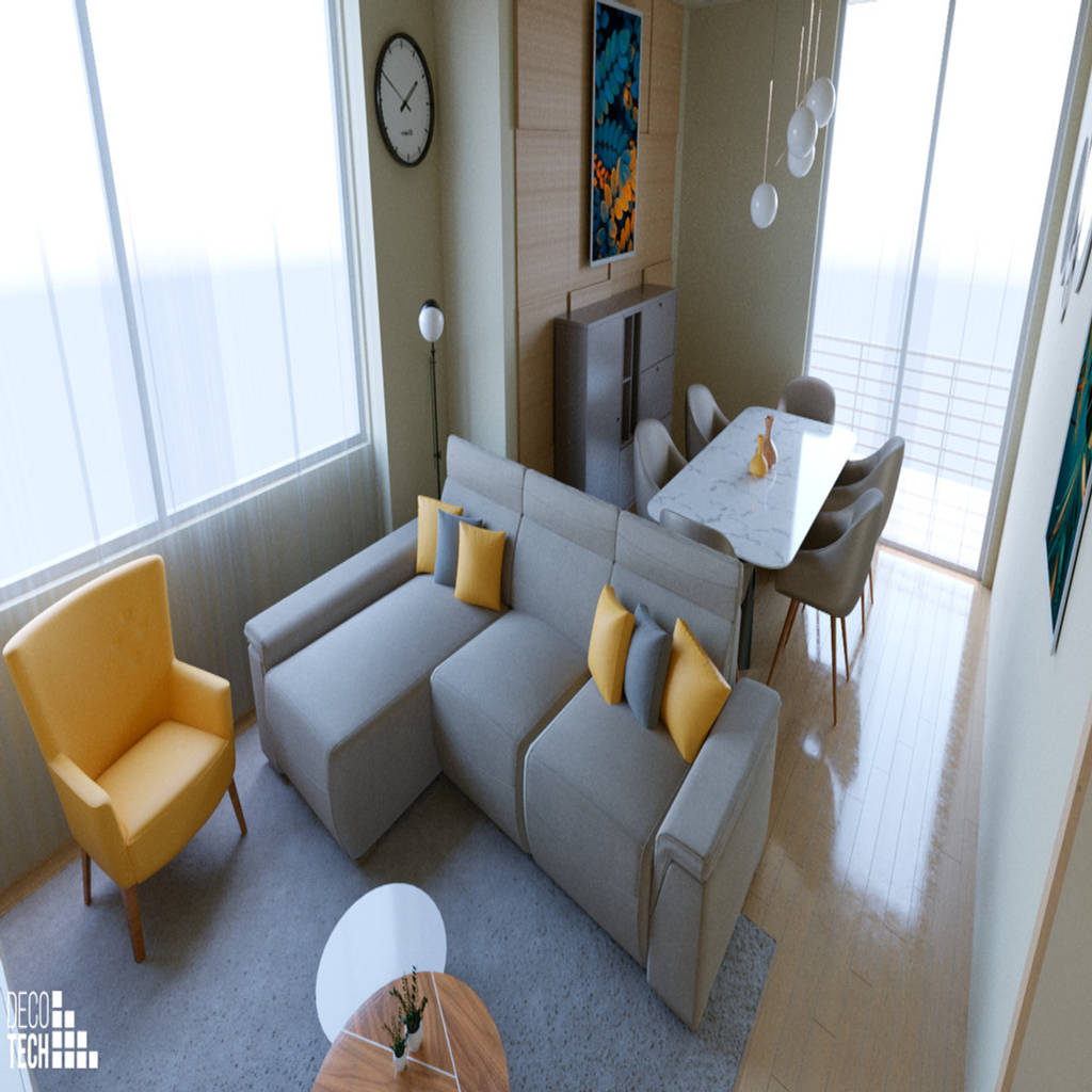 Salón contemporáneo diseño 3d y amueblamiento render vista | homify