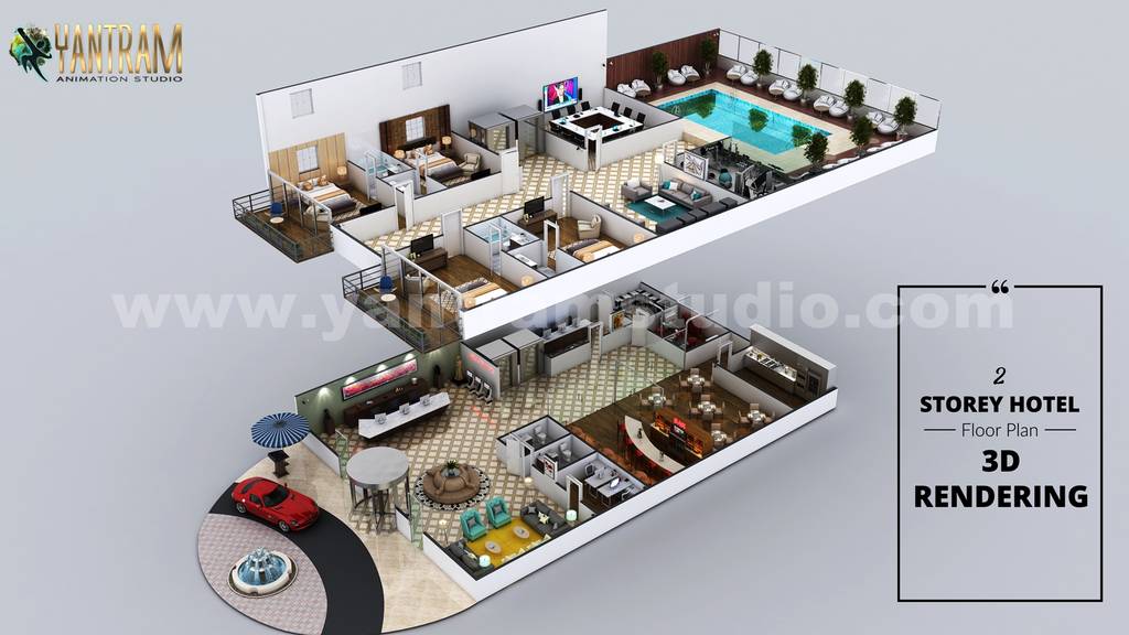 Hotel 3d virtual floor plan rendering with beautiful backyard pool landscaping by architectural ...