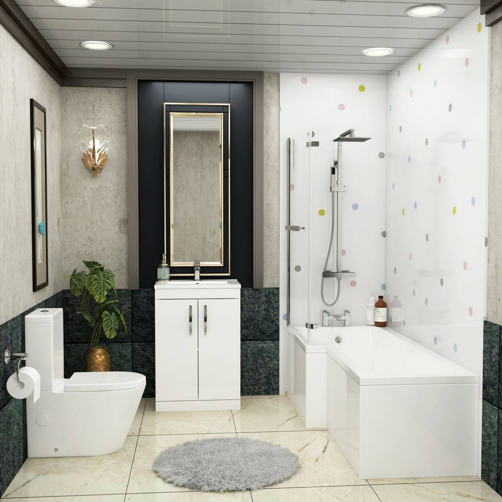 L shaped shower bath tub with front panel & shower screen with towel ...