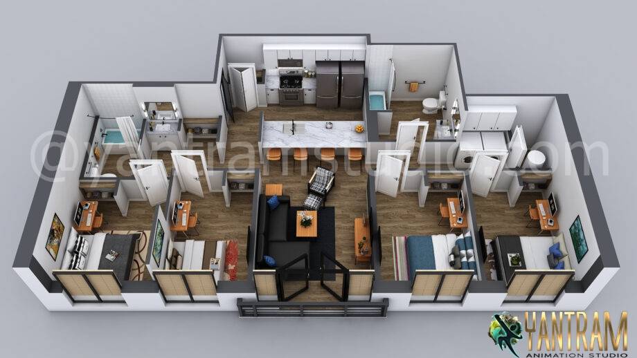 3d floor plan design of apartment in houston, texas by yantram 3d architectural rendering ...
